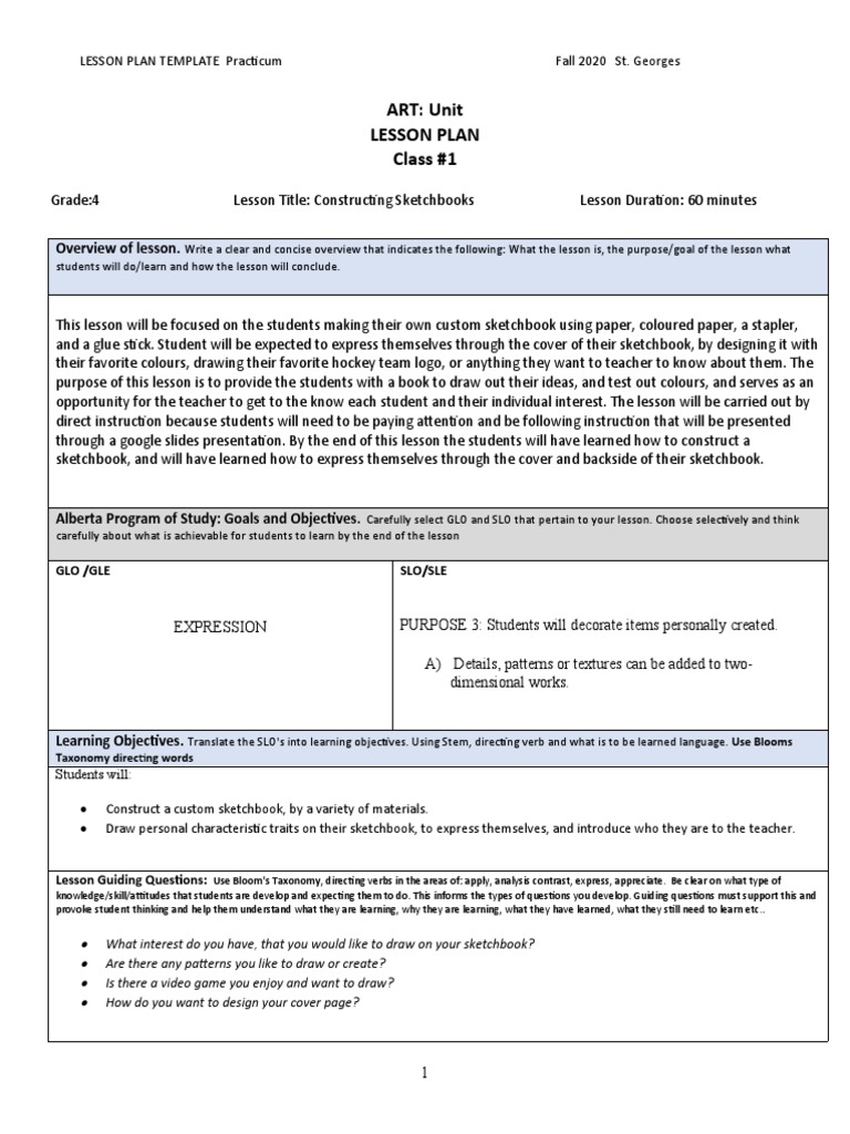 ART: Unit Lesson Plan Class #1 | PDF | Lesson Plan | Human Nature