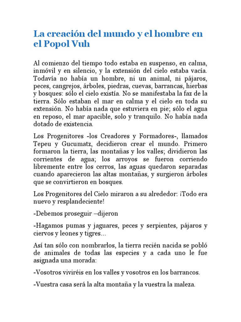 La Creación Del Mundo y El Hombre en El Popol Vuh | PDF | Mitos de la ...