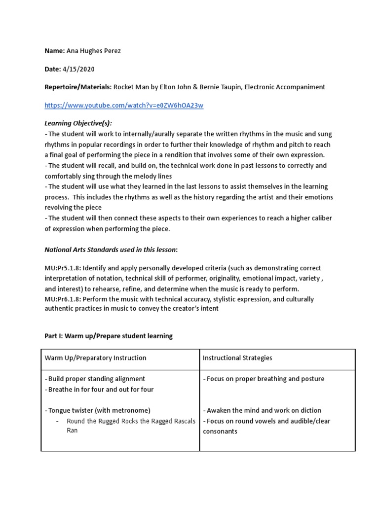 Vocal Lesson Plan: "Rocket Man" | PDF | Performing Arts | Musicology