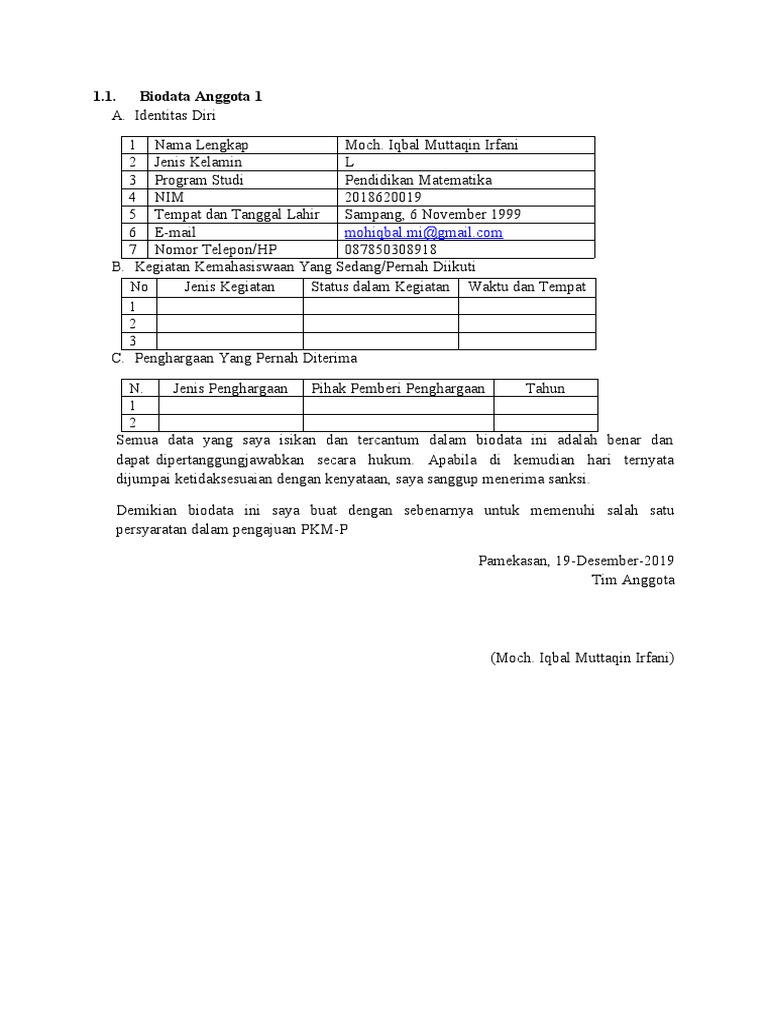 Contoh Format PKM Biodata Anggota | PDF