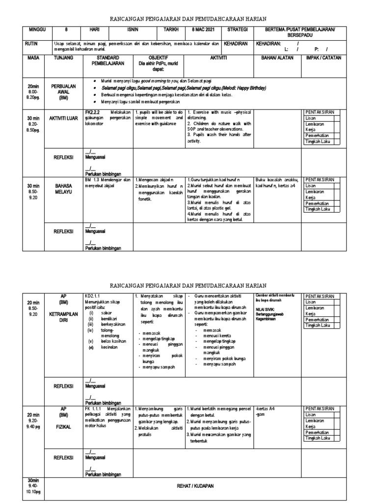 RPH Prasekolah 2021 | PDF