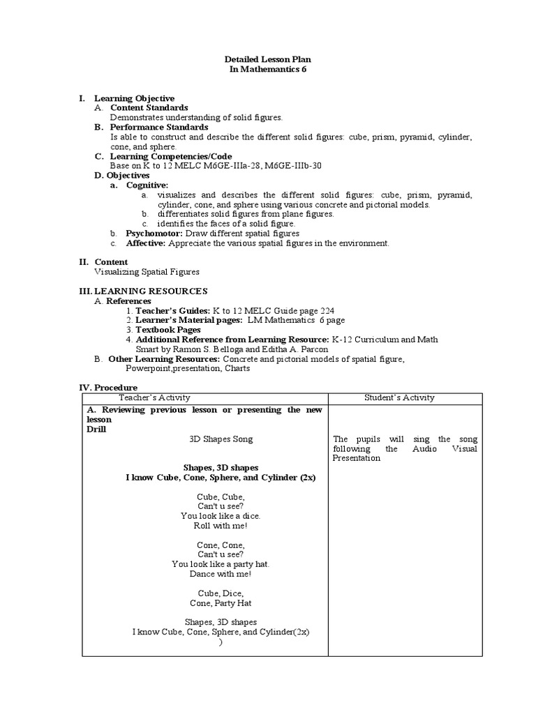 Detailed Lesson Plan on 3D Shapes | PDF | Shape | Triangle