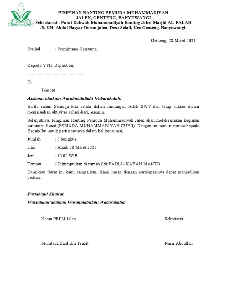Contoh SURAT PERMINTAAN KONSUMSI | PDF