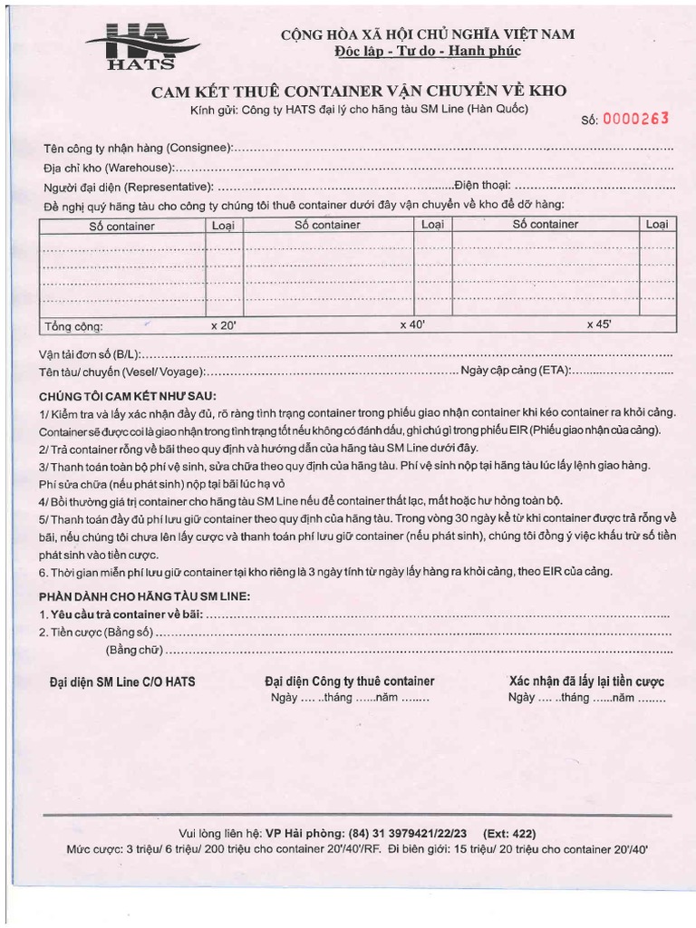 Agreement for transportation and storage of containers between SM Line ...