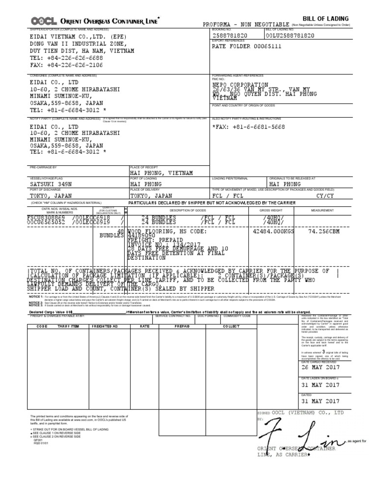 BL Inv 134.2017 Tyo Oocl | PDF | Cargo | Bill Of Lading