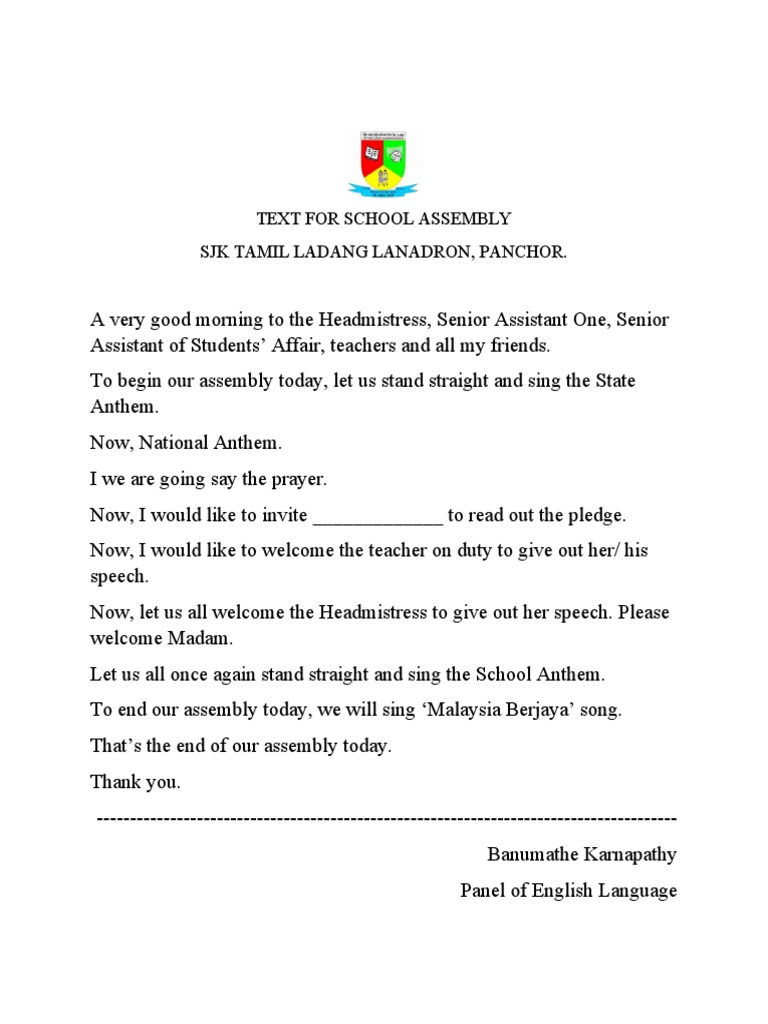 Text For School Assembly SJK Tamil Ladang Lanadron, Panchor | PDF ...