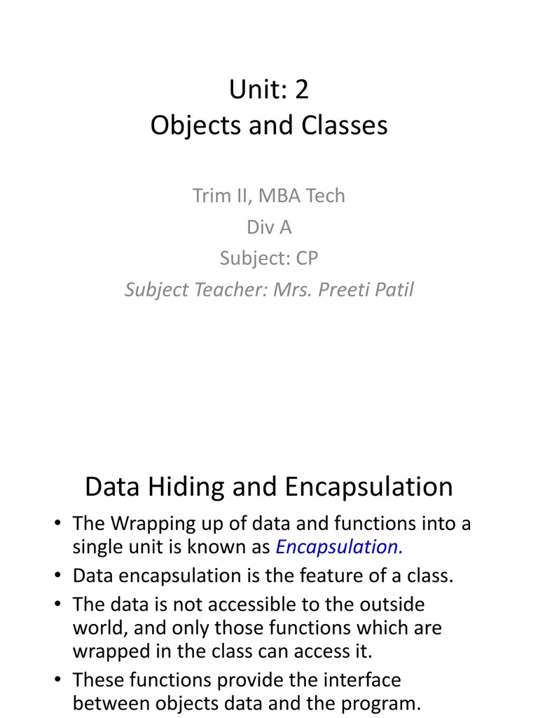 Unit 2 Objects And Classes Trim Ii Mba Tech Div A Subject Cp Pdf