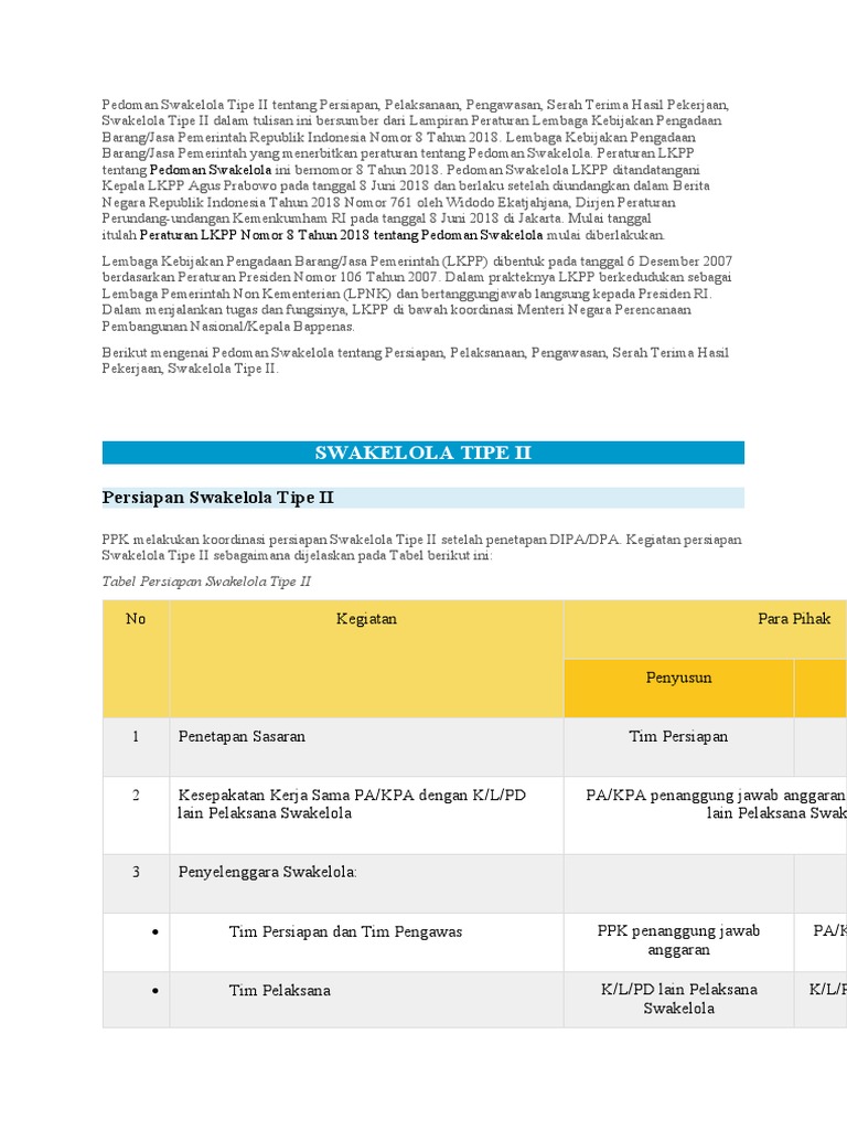 Pedoman Swakelola Tipe II Tentang Persiapan | PDF