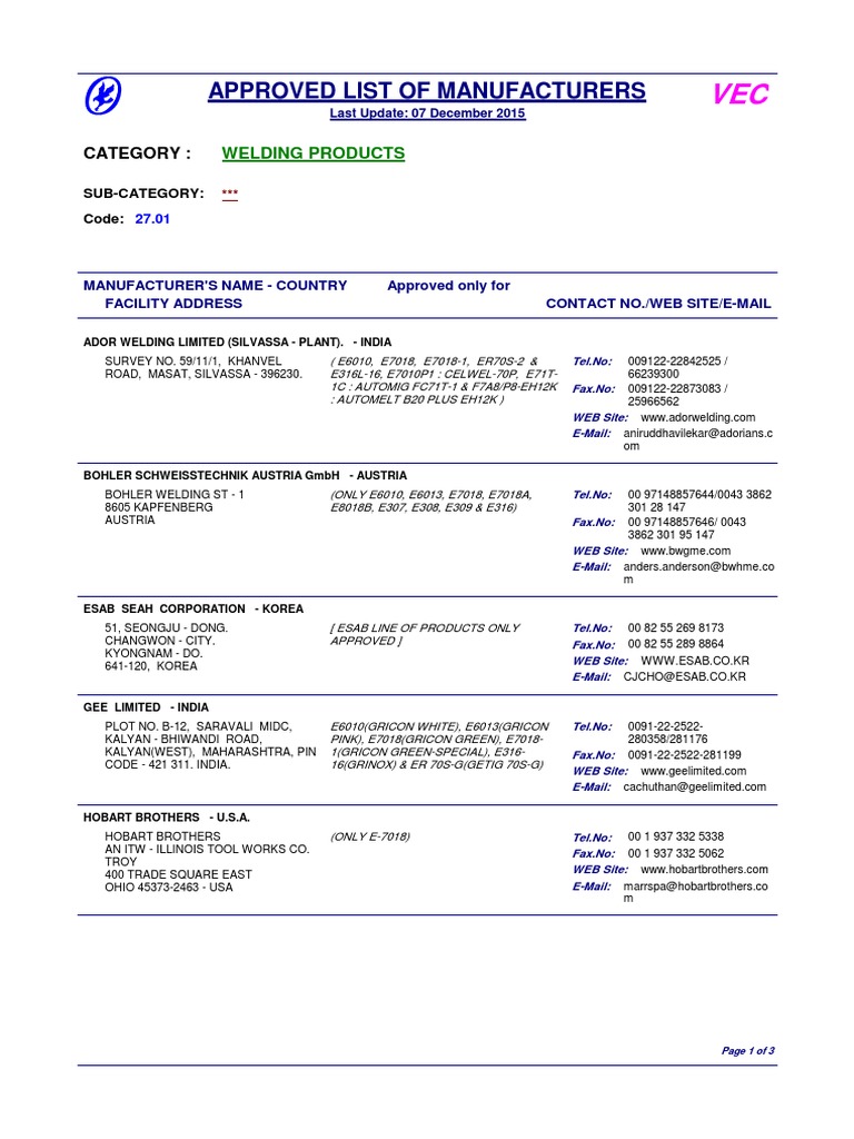 Approved Welding Manufacturers List | PDF | Welding | Construction