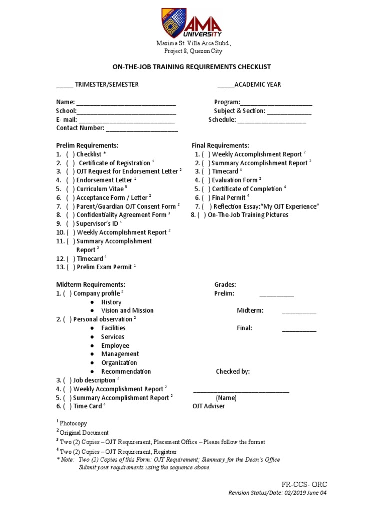 001 - OJT Requirement Checklist | PDF | Test/Examination | Business