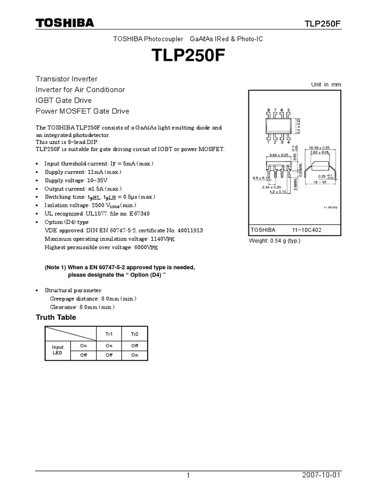 TLP250F: Transistor Inverter Inverter For Air Conditionor IGBT Gate Drive Power MOSFET Gate ...