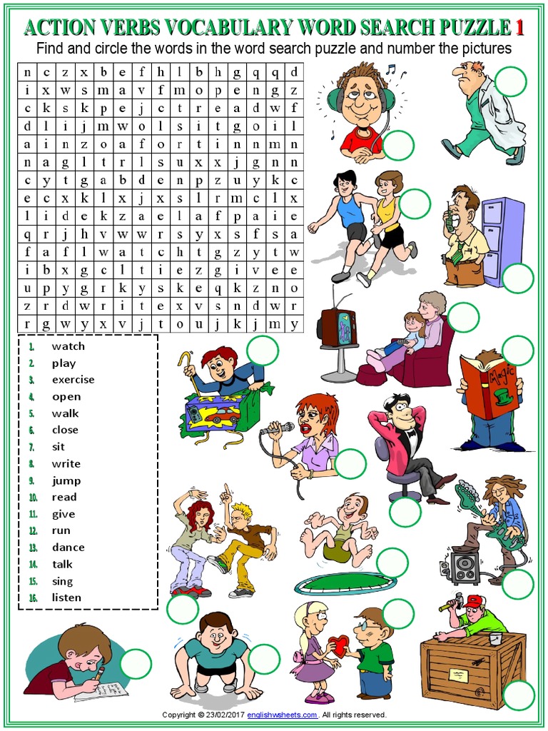 Action Verbs Vocabulary Esl Word Search Puzzle Worksheets For Kids | PDF