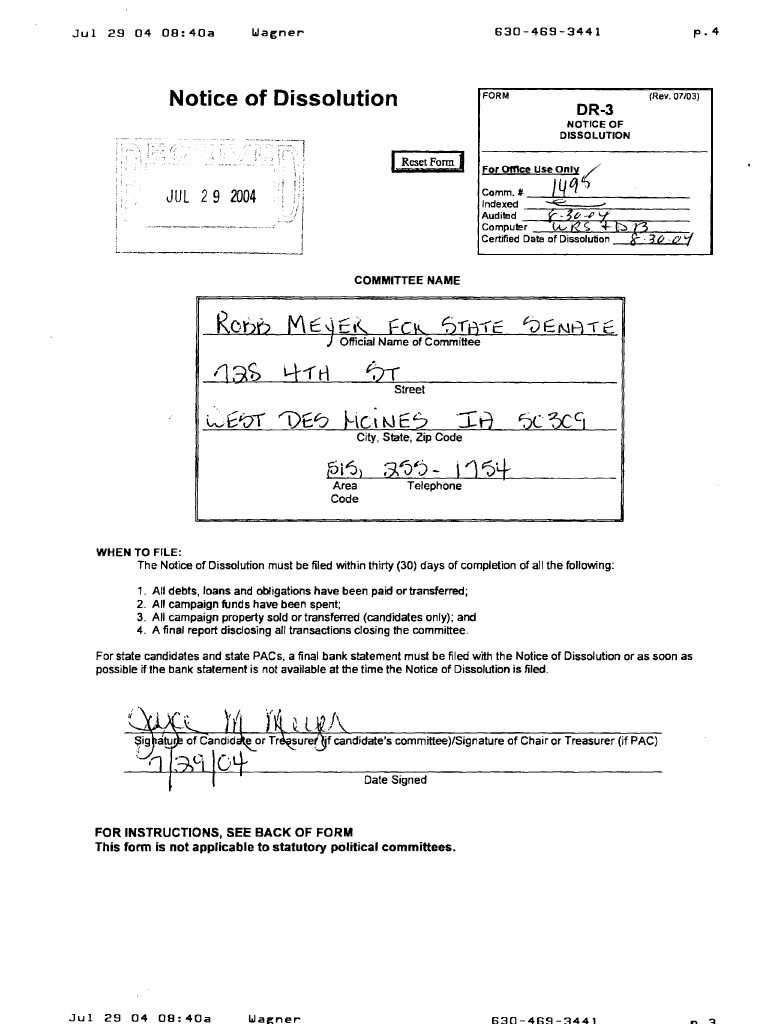 Notice of Dissolution for Campaign Committees | PDF | Political Action ...
