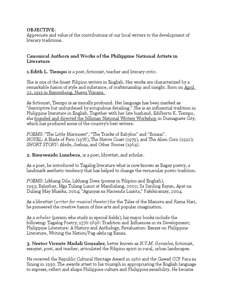 Canonical Authors and Works of The Philippine National Artists in ...