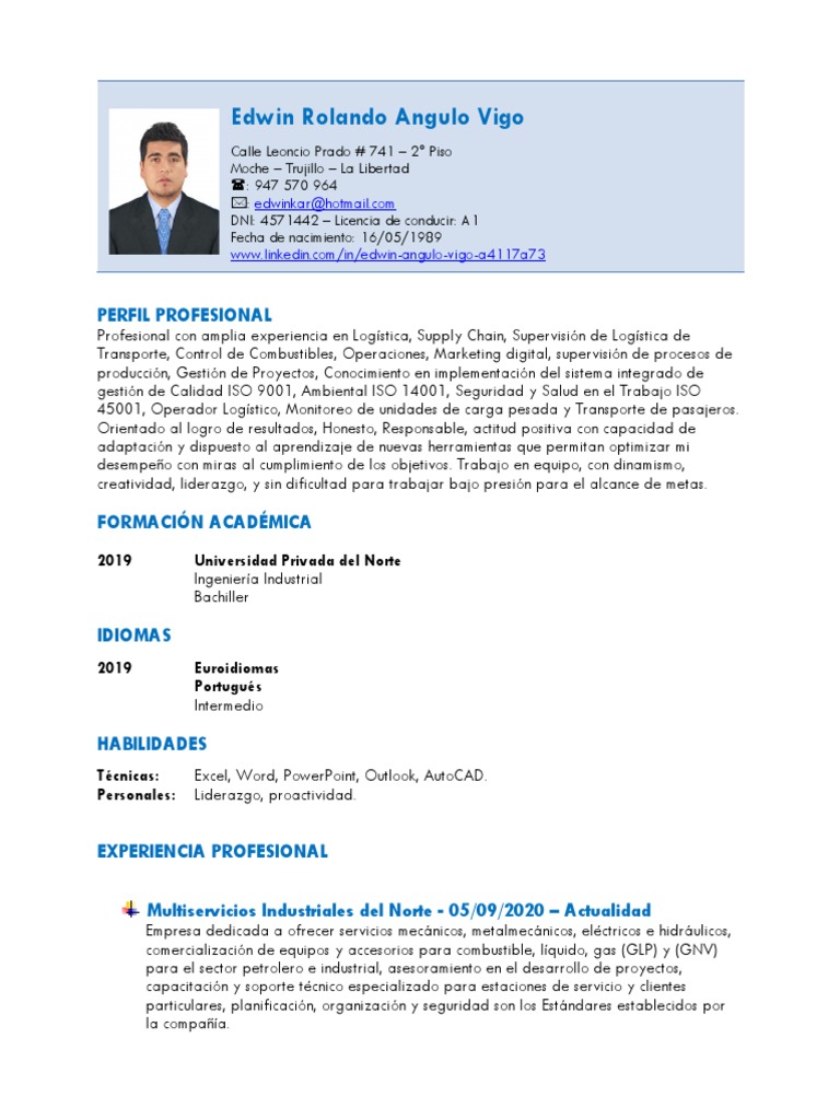 Edwin - Angulo - C.V - 2021 Ok | PDF | Logística | Transporte
