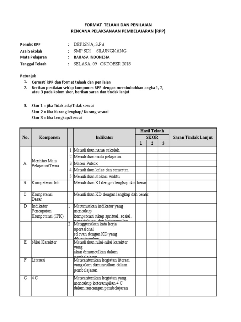 FORMAT TELAAH RPP REVISI SLKG | PDF