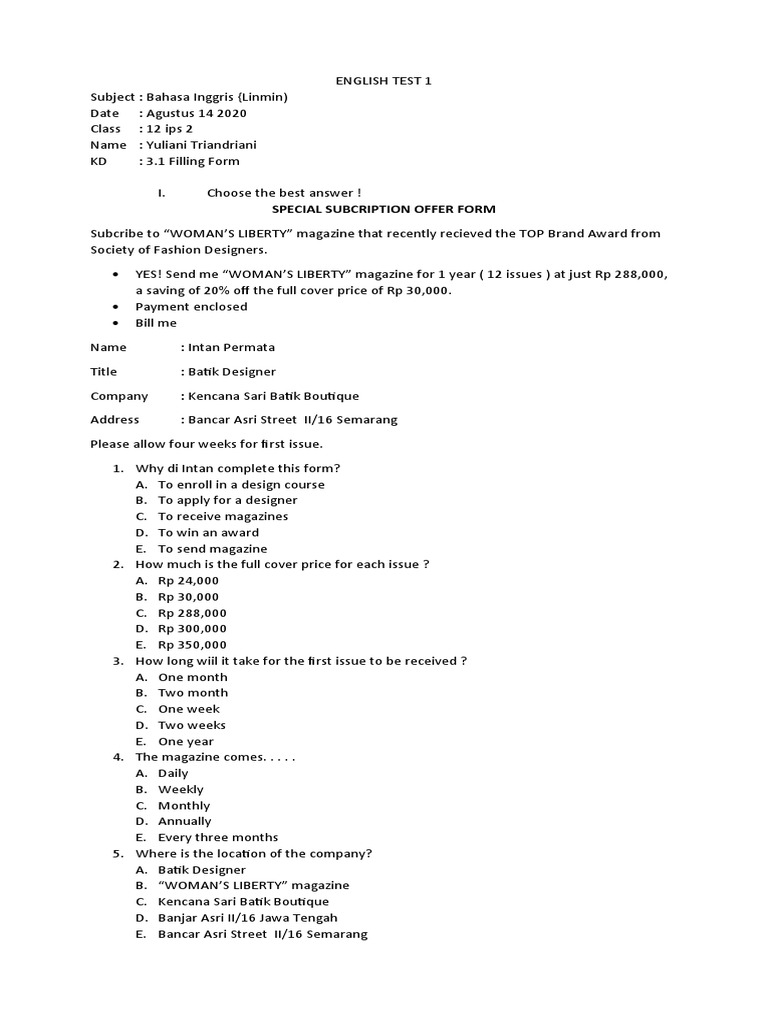 English Test: Filling Forms and Essays | PDF | Business