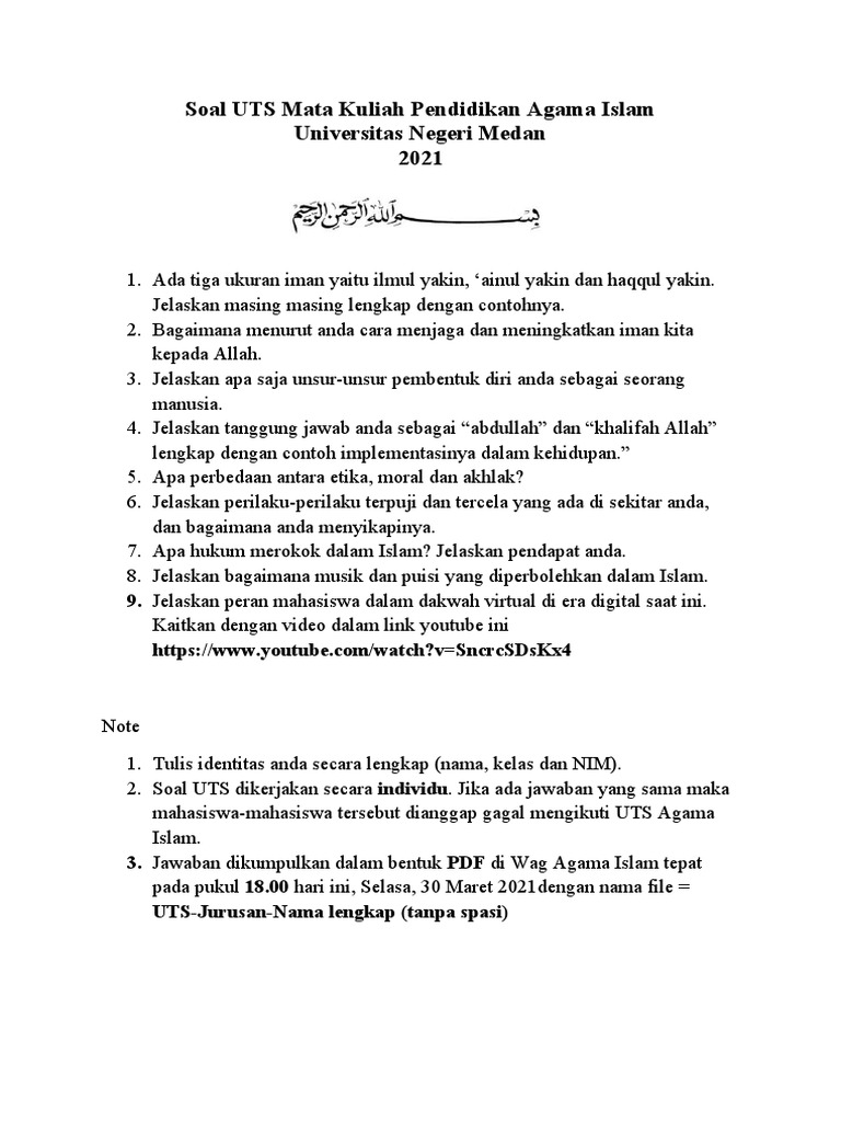 Soal UTS PAI Unimed 2021 | PDF