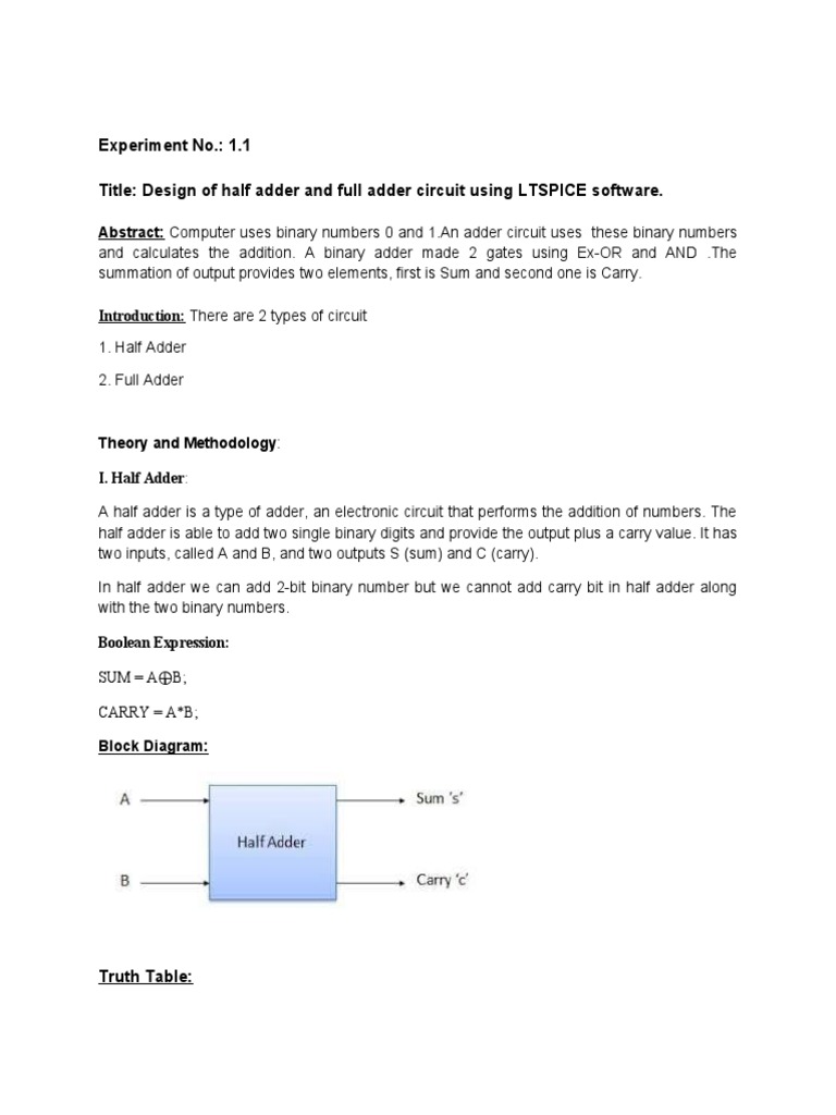 Experiment No.: 1.1 Title: Design of Half Adder and Full Adder Circuit Using LTSPICE Software ...