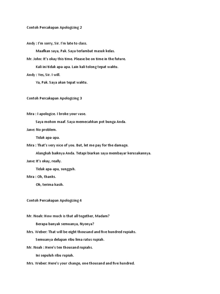 Contoh Percakapan Apologizing 2 | PDF | Seni & Disiplin Bahasa | Seni