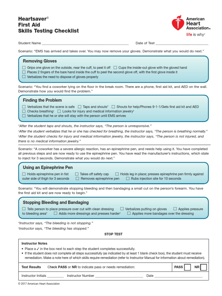 First Aid Skills Testing Checklist | PDF | First Aid