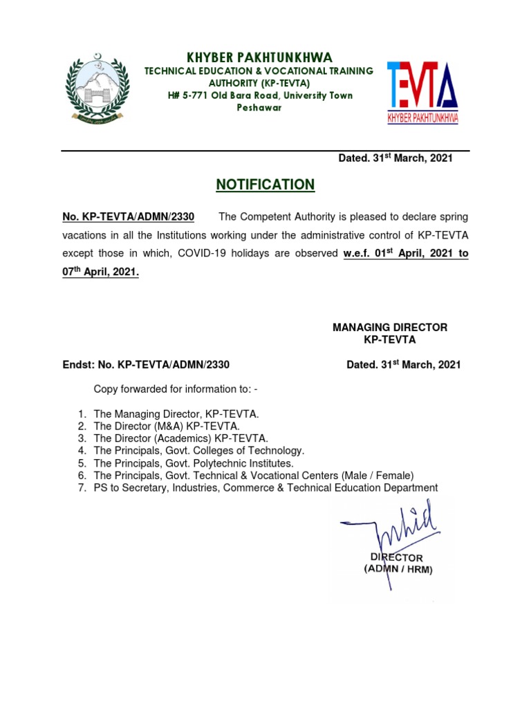 Spring Vacations Notification | PDF