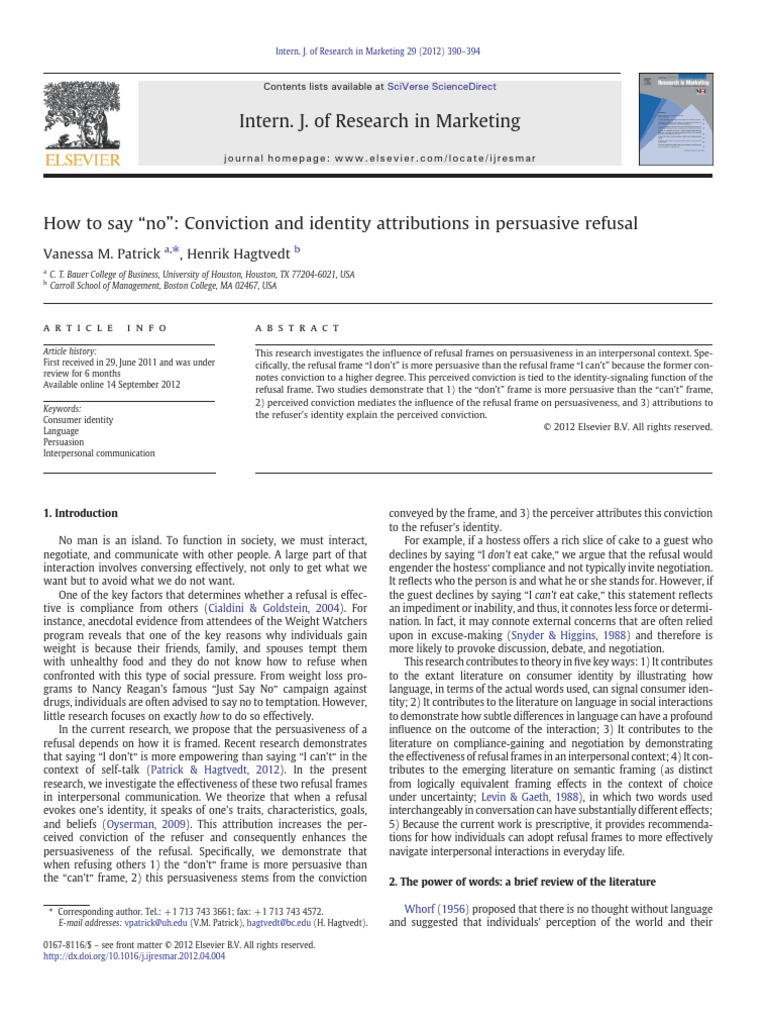 5.how To Say "No" Conviction and Identity Attributions in Persuasive ...