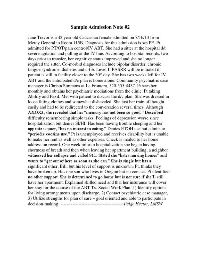 Sample Admission Note 2 | PDF | Self-Improvement