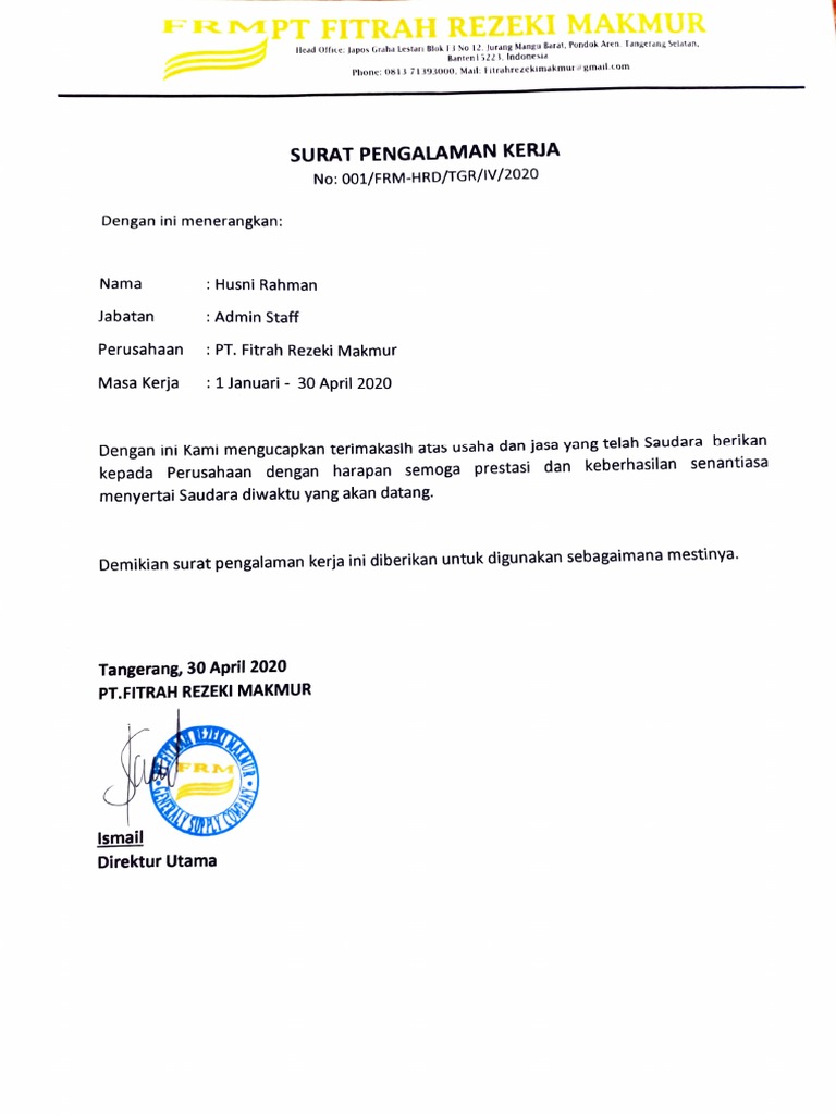 Surat Pengalaman Kerja Husni Rahman | PDF