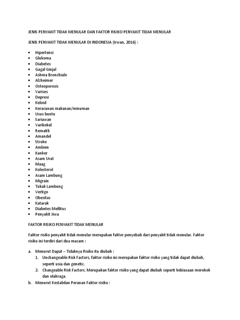JENIS PENYAKIT TIDAK MENULAR DAN FAKTOR RiSIKO PENYAKIT TIDAK MENULAR | PDF