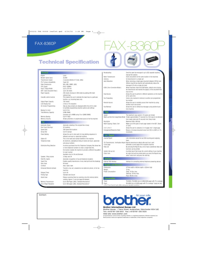 Brother FAX-8360P Specifications | PDF | Fax | Information And ...