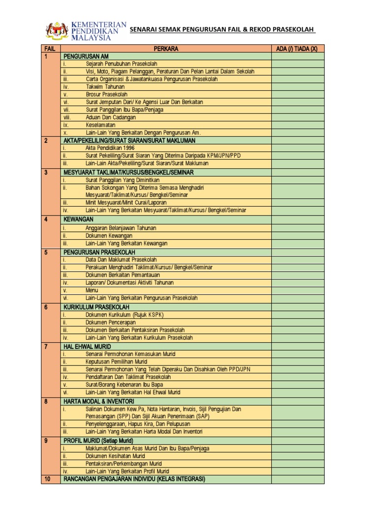 # Senarai Semak Fail Pengurusan Prasekolah Kak Wa Latest | PDF