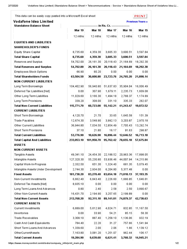 Vodafone Idea Limited: Print | PDF | Balance Sheet | Financial Markets