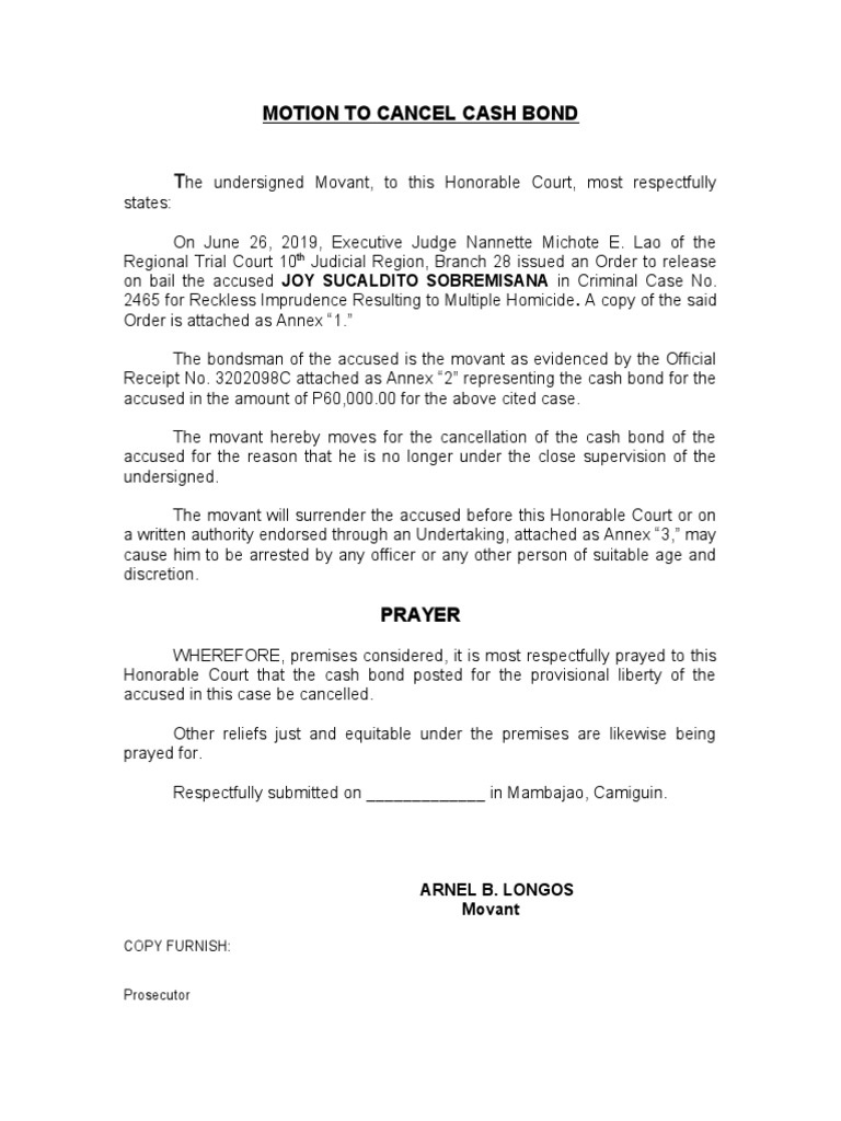 Motion To Cancel Cash Bond | PDF | Affidavit | Public Law