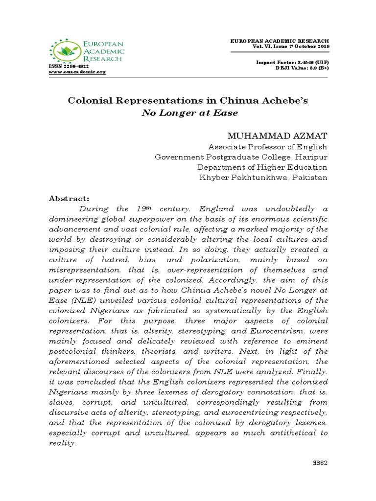 Colonial Representations in Chinua Acheb | PDF | Postcolonialism ...