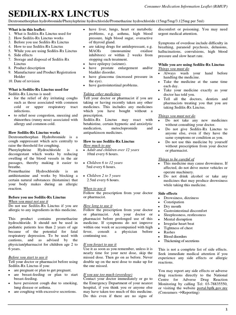 Sedilix-Rx Linctus: What Is in This Leaflet | PDF | Allergy | Dose ...
