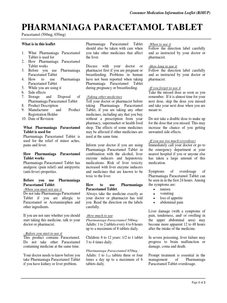 Pharmaniaga Paracetamol Tablet Consumer Medication Information Leaflet ...