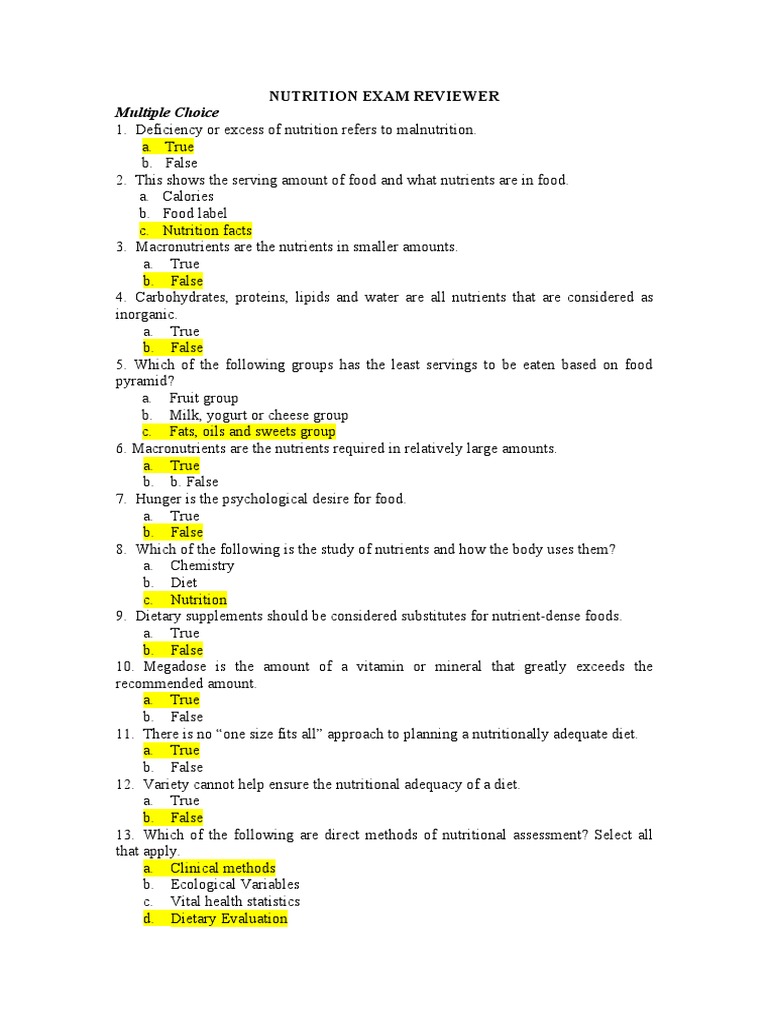 Multiple Choice: Nutrition Exam Reviewer | PDF | Nutrients | Diet ...