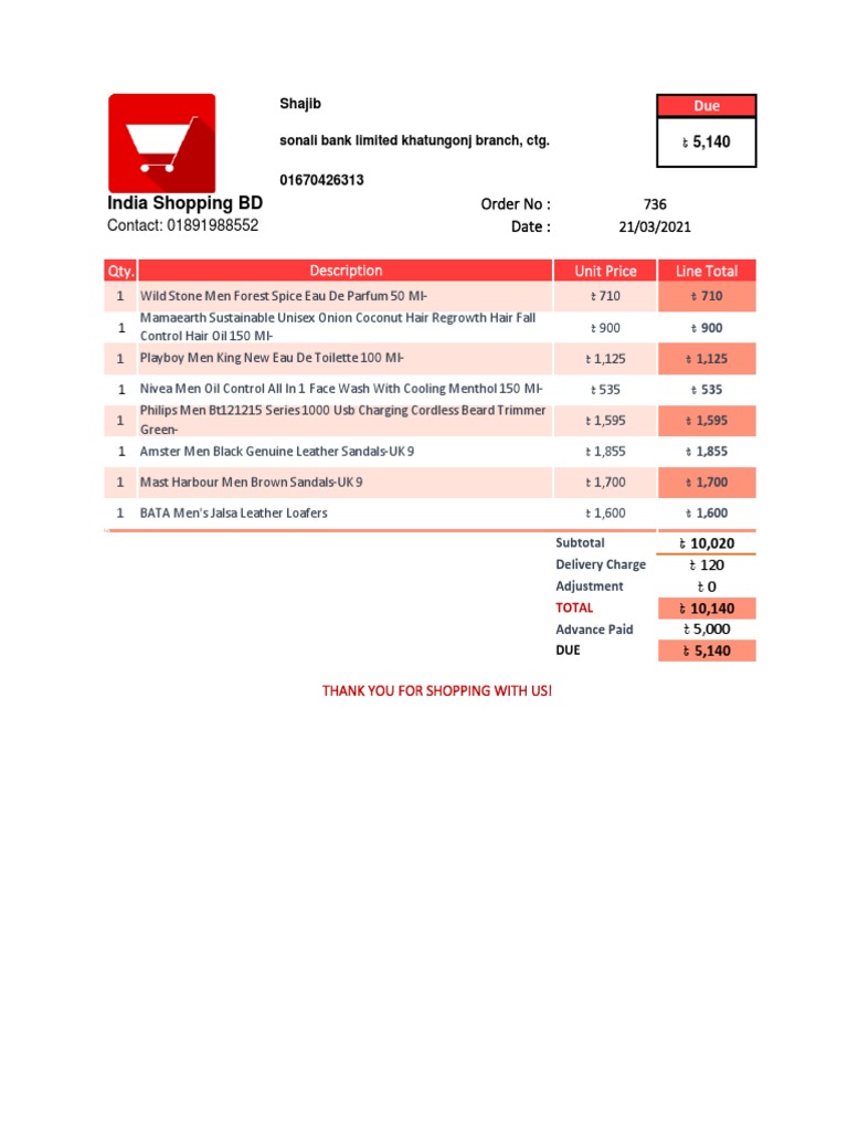 India Shopping BD - Invoice 0736 | PDF