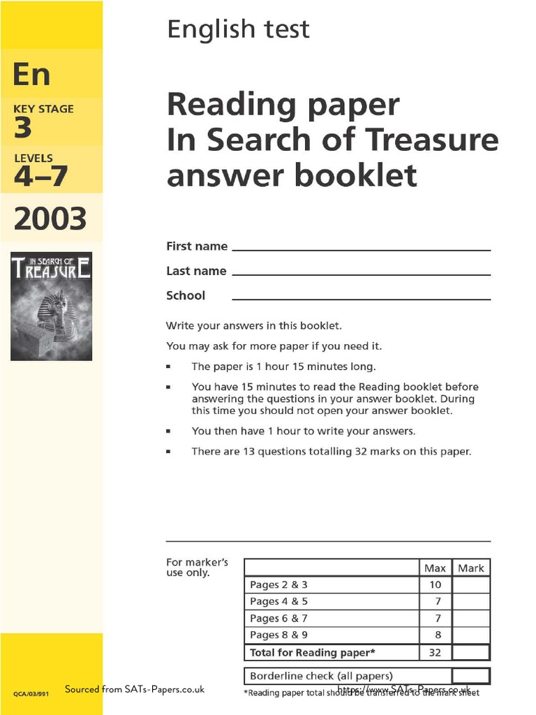 ks3 English 2003 Reading Answer Booklet | PDF | Writing