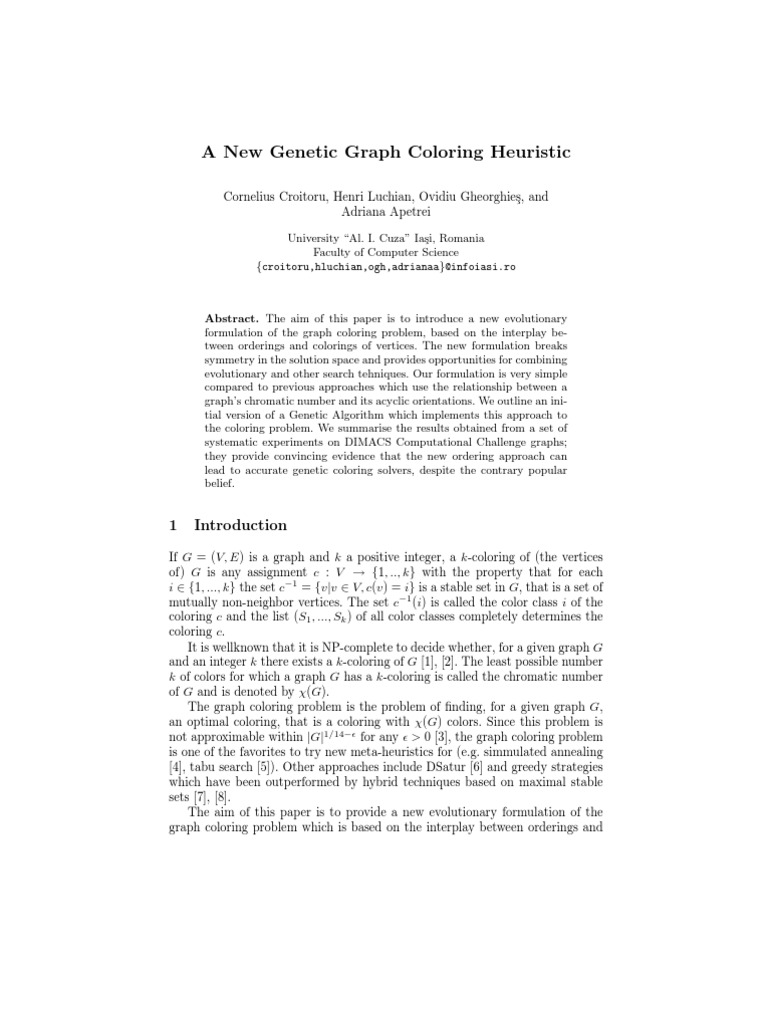 A New Genetic Graph Coloring Heuristic: (Croitoru, Hluchian, Ogh ...