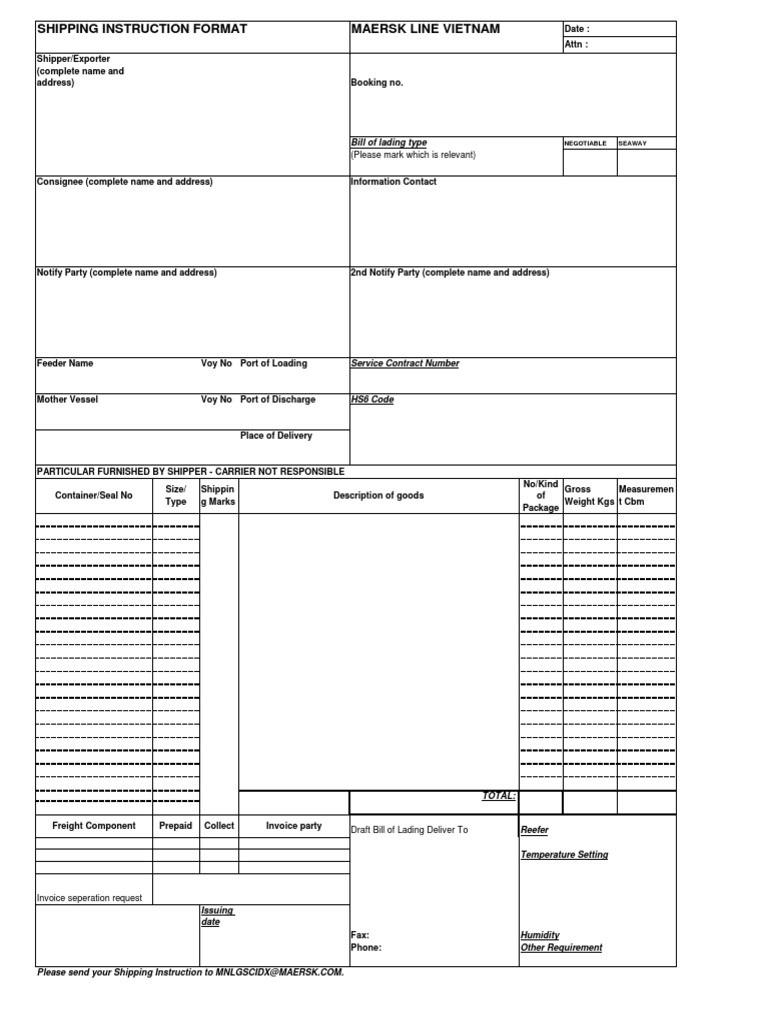 Shipping Instruction Format Maersk Line Vietnam: Bill of Lading Type ...