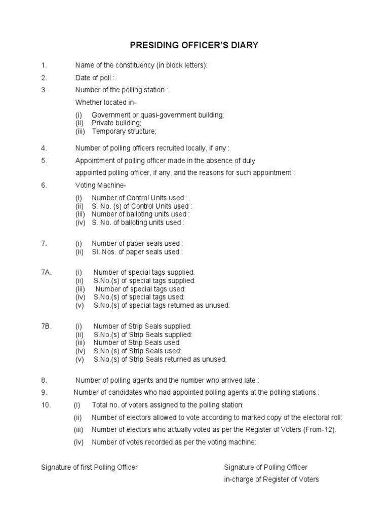Presiding Officer'S Diary | PDF | Polling Place | Voting