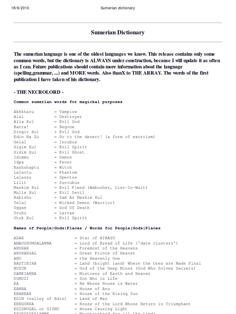 Sumerian Dictionary: Common Sumerian Words For Magickal Purposes | PDF ...
