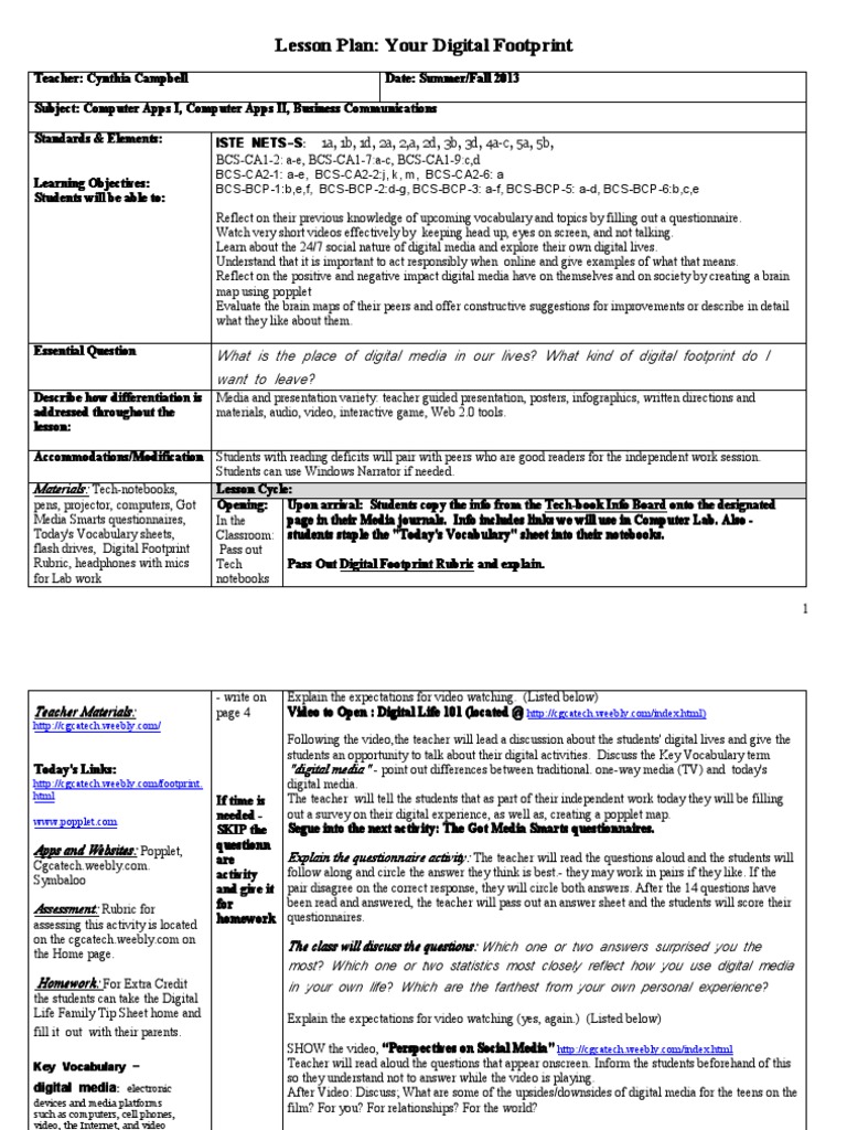 Digital Footprint Lesson Plan | PDF | Video | Social Media