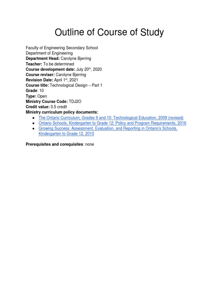 Outline of Course of Study - Tdj2o - Part 1 - Fall 2021 | PDF ...