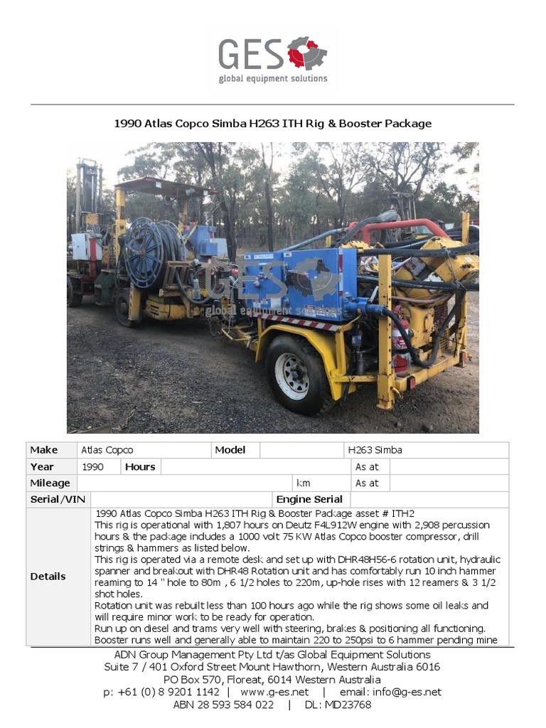 1990 Atlas Copco Simba H263 ITH Rig - Booster Package | PDF ...