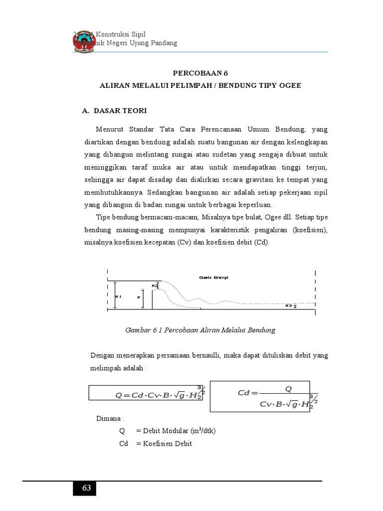 Percobaan 6 Aliran Melalui Pelimpah Bendung Tipy Oge | PDF | Metode ...