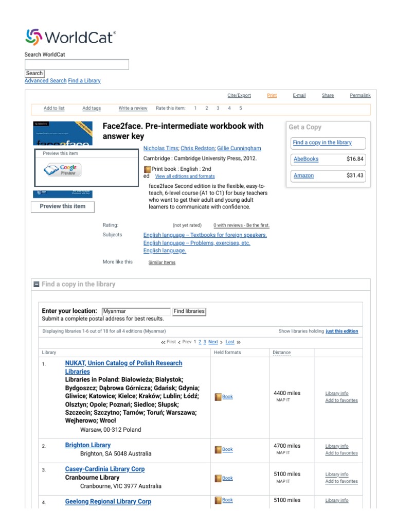 Face2face. Pre-Intermediate Workbook With Answer Key (Book, 2012) (WorldCat - Org) | PDF ...