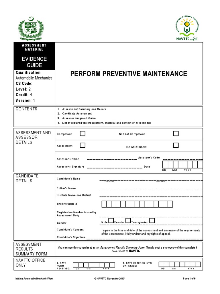 Perform Preventive Maintenance: Evidence Guide | PDF | Business